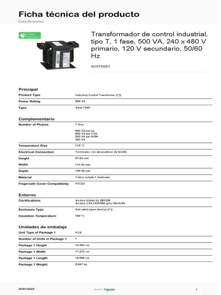 Ficha Tecnica TRANSFORMADOR DE CONTROL, 480-220120 VCA.500 VA | PDF