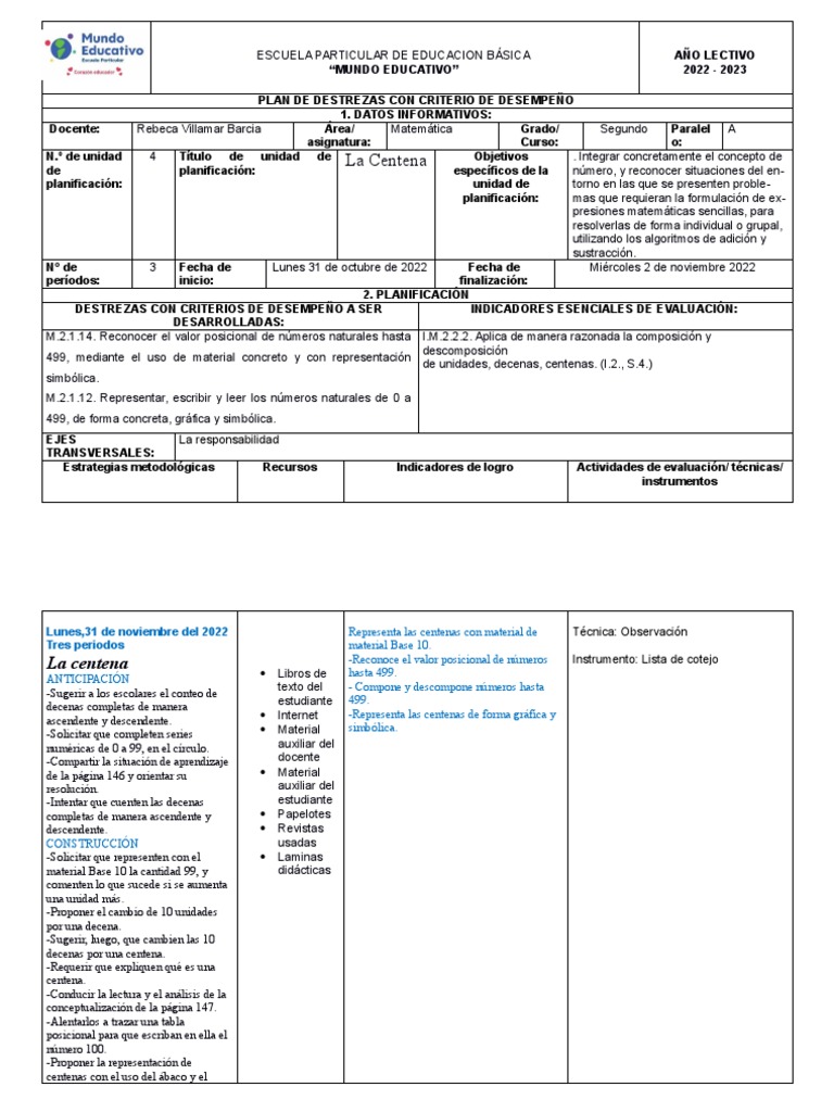 Destreza de Matemática Unidad4 | PDF | Planificación | Evaluación