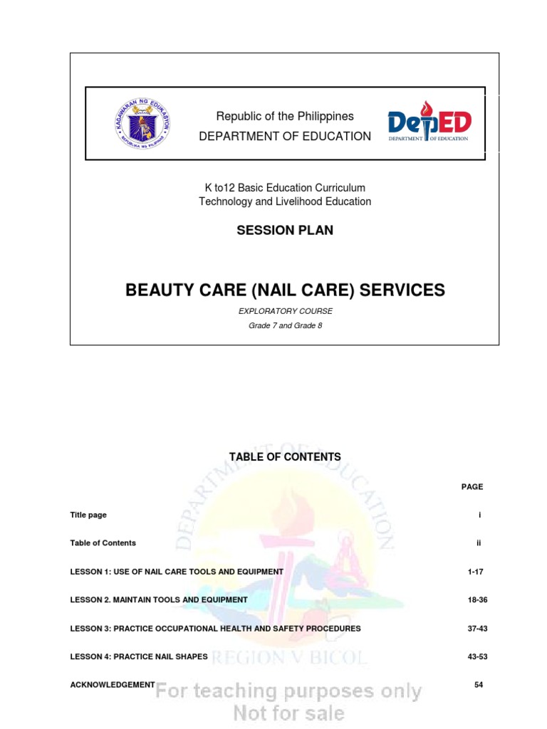 Nail Care Services Session Plan | PDF | Nail (Anatomy) | Educational ...