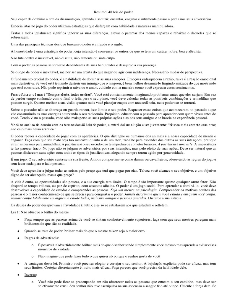 Resumo das 48 leis do poder | PDF | Poder (social e político) | Tempo