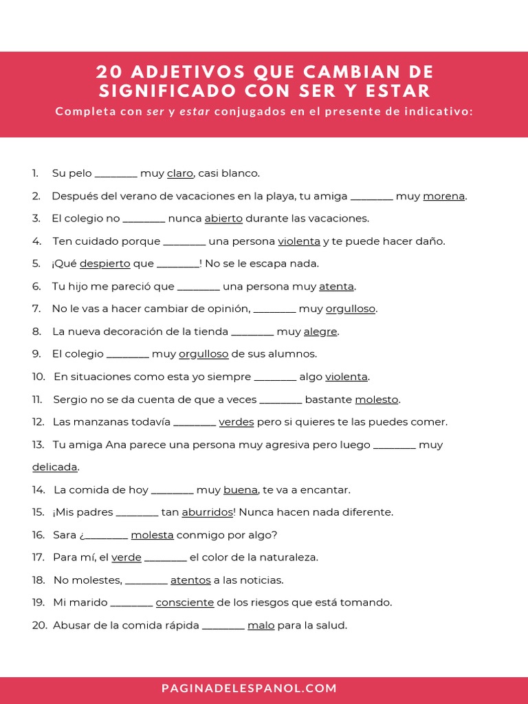 20 Adjetivos Que Cambian de Significado Con Ser y Estar 1 | PDF