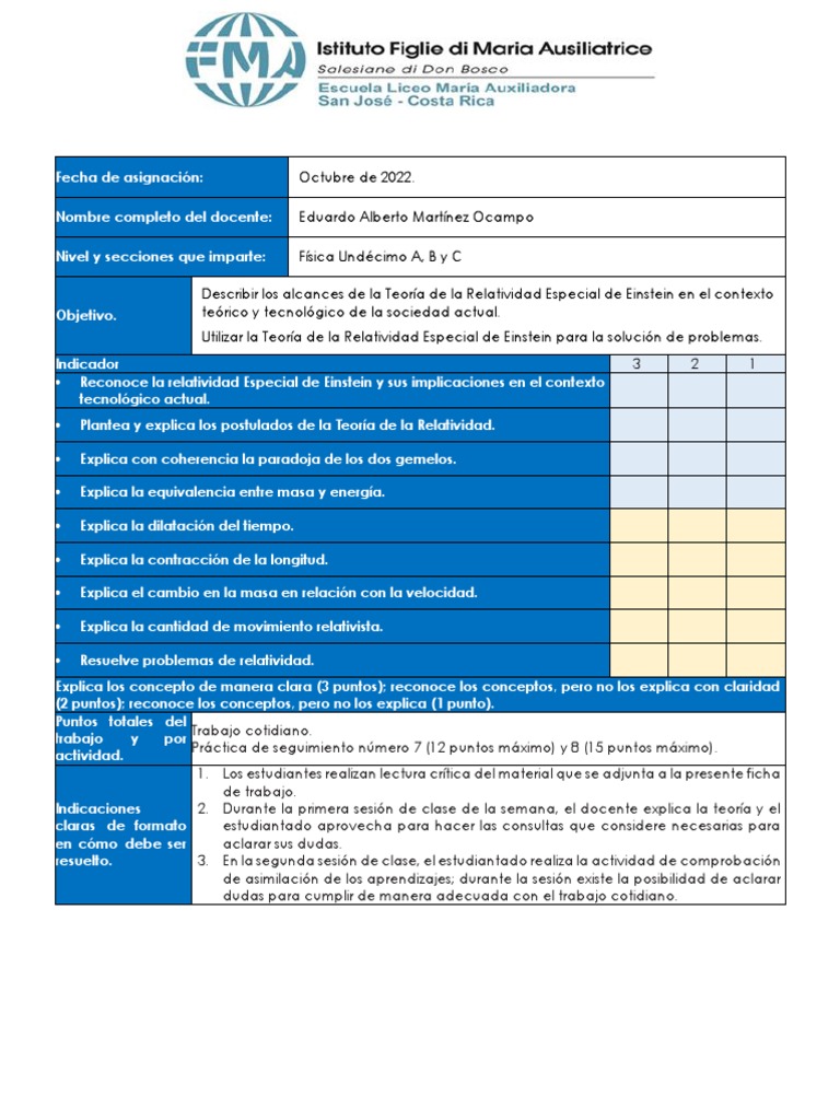Ficha de Trabajo IX Física Undécimo Nivel Relatividad | PDF | Masa | Las leyes del movimiento de ...