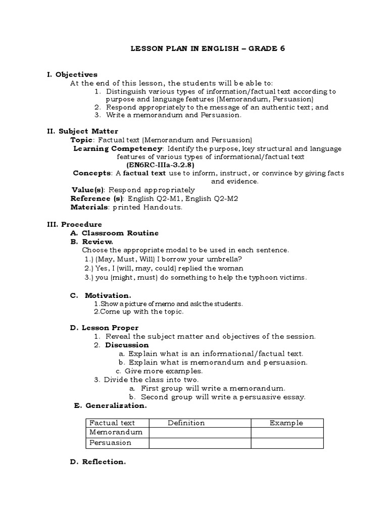 LESSON-PLAN-IN-ENGLISH 6 Week 1-2 | PDF | Lesson Plan | Memorandum