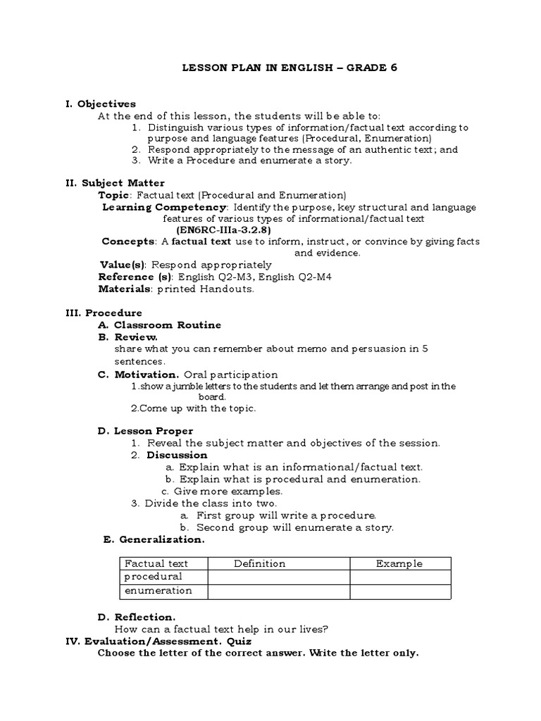 Grade 6 English: Factual Texts Lesson | PDF | Lesson Plan | Communication