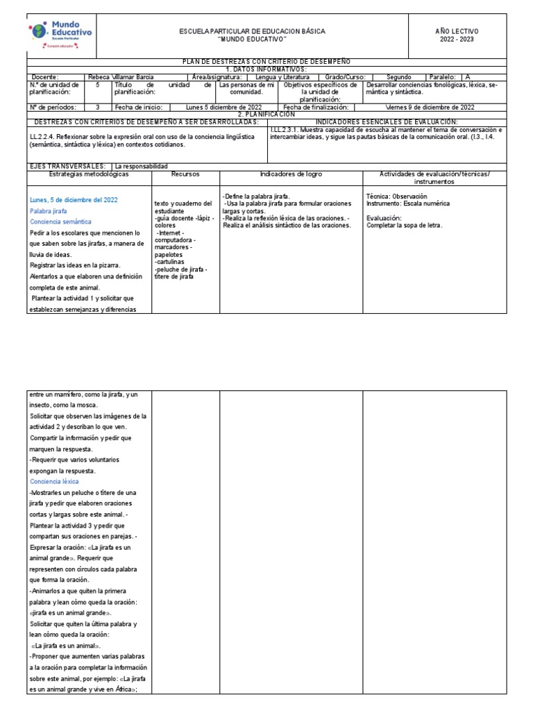 Destreza de Lengua Semana 1,2 y 3 Unidad 5 | PDF | Palabra | Evaluación