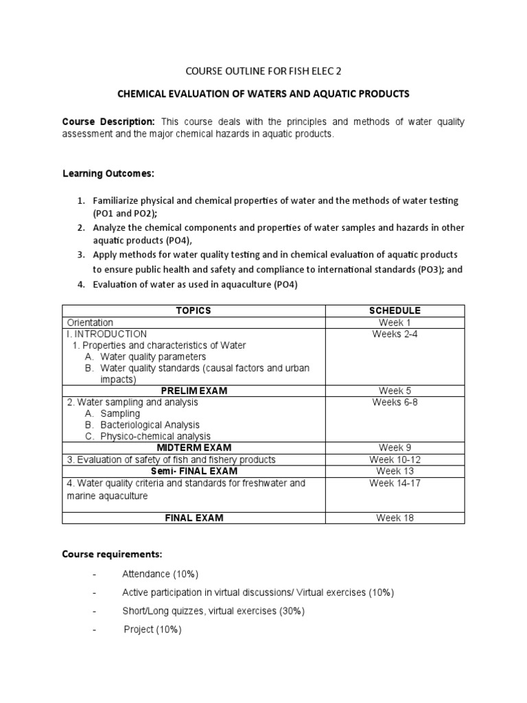 COURSE OUTLINE FOR Chem Eval of Waters and Aquatic Products | PDF ...