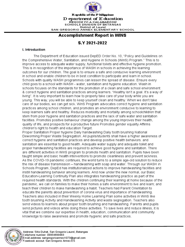 Accomplishment Report in WINS | PDF | Wash | Hand Washing