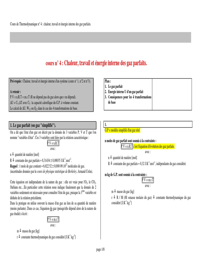Capacité thermique des gaz parfaits | PDF | Thermodynamique | Chaleur