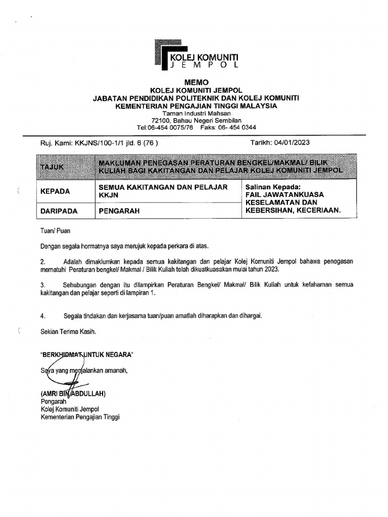 Memo Penegasan Peraturan BMB KKJNS | PDF