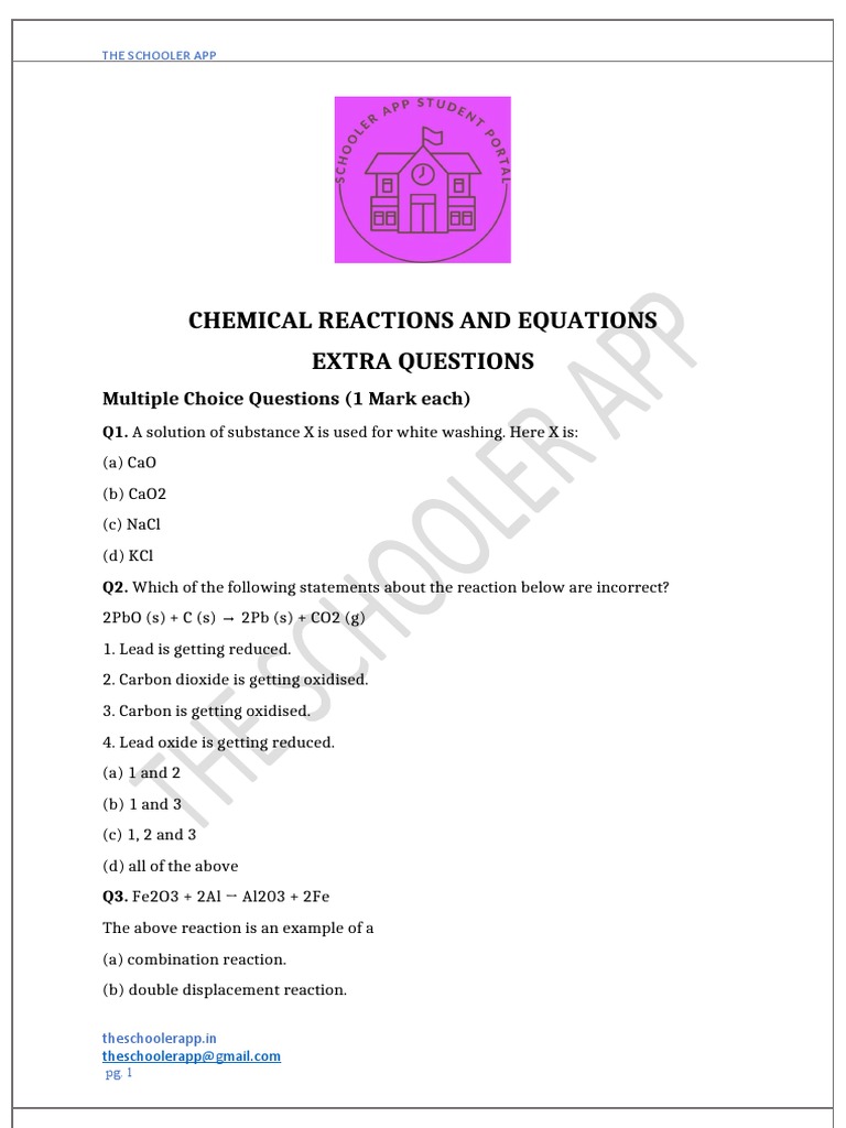 Chemical Reactions and Equations Extra Questions | PDF | Chemical ...