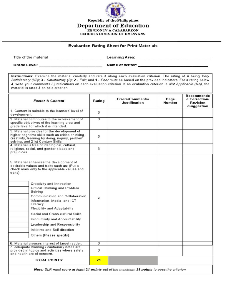 Evaluation Rating Sheet for Print Materials | PDF | Critical Thinking ...