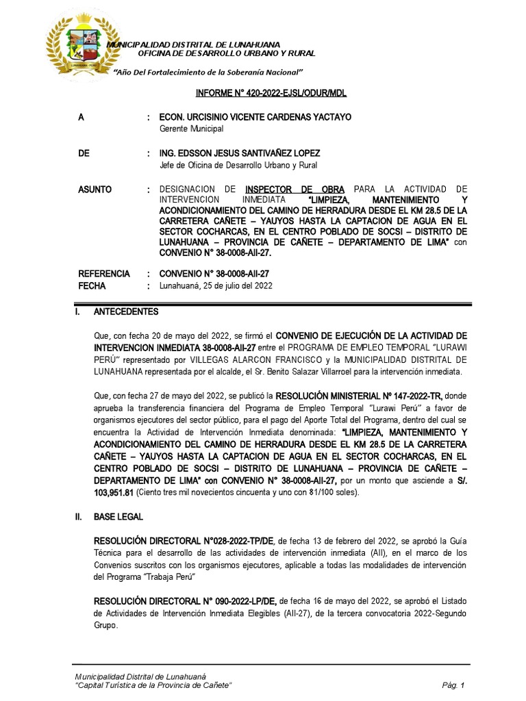 Designacion de Inspector de Obra | PDF | Perú | Gobierno