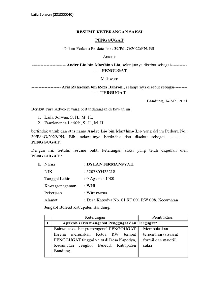 TGS 10 - Resume Keterangan Saksi Penggugat | PDF