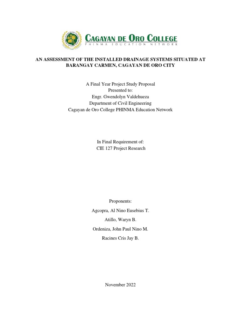 Assessment of Drainage Systems in Barangay Carmen, Cagayan de Oro City ...