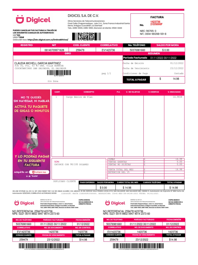 Factura Digicel | Descargar gratis PDF | Industrias de servicio ...