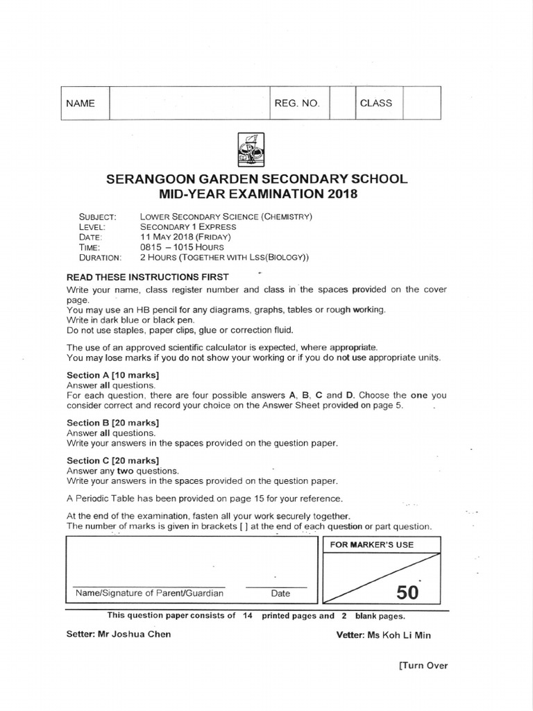 Sec 1 Science SA1 Serangoon Garden Sec 2018 | PDF | Mixture | Solubility
