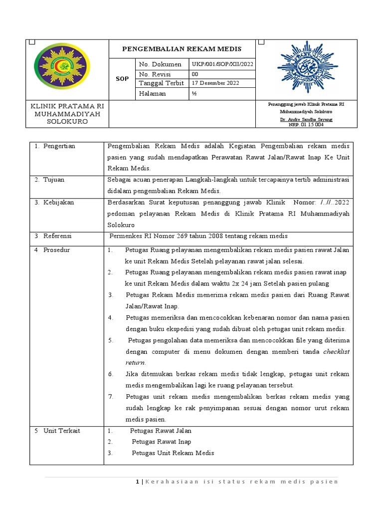 Sop Pengembalian Berkas Rekam Medis | PDF