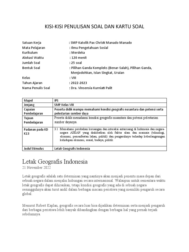 Mapel IPS. Soal Sumatif Ganjil Kelas 8 2022 | PDF