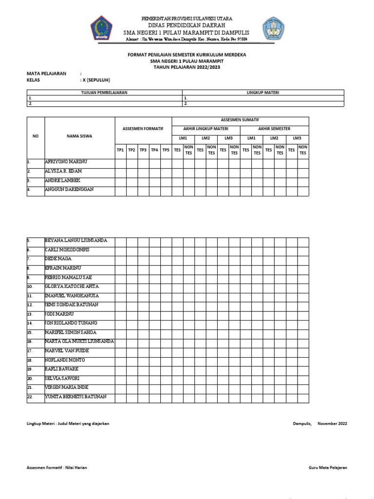 FORMAT PENILAIAN SEMESTER KURIKULUM MERDEKA Kelas X (Sepuluh) | PDF