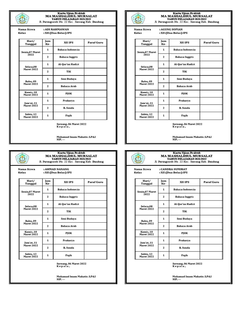Kartu Ujian Praktek 12 IPS | PDF Kartu Ujian Praktek 12 IPS | PDF