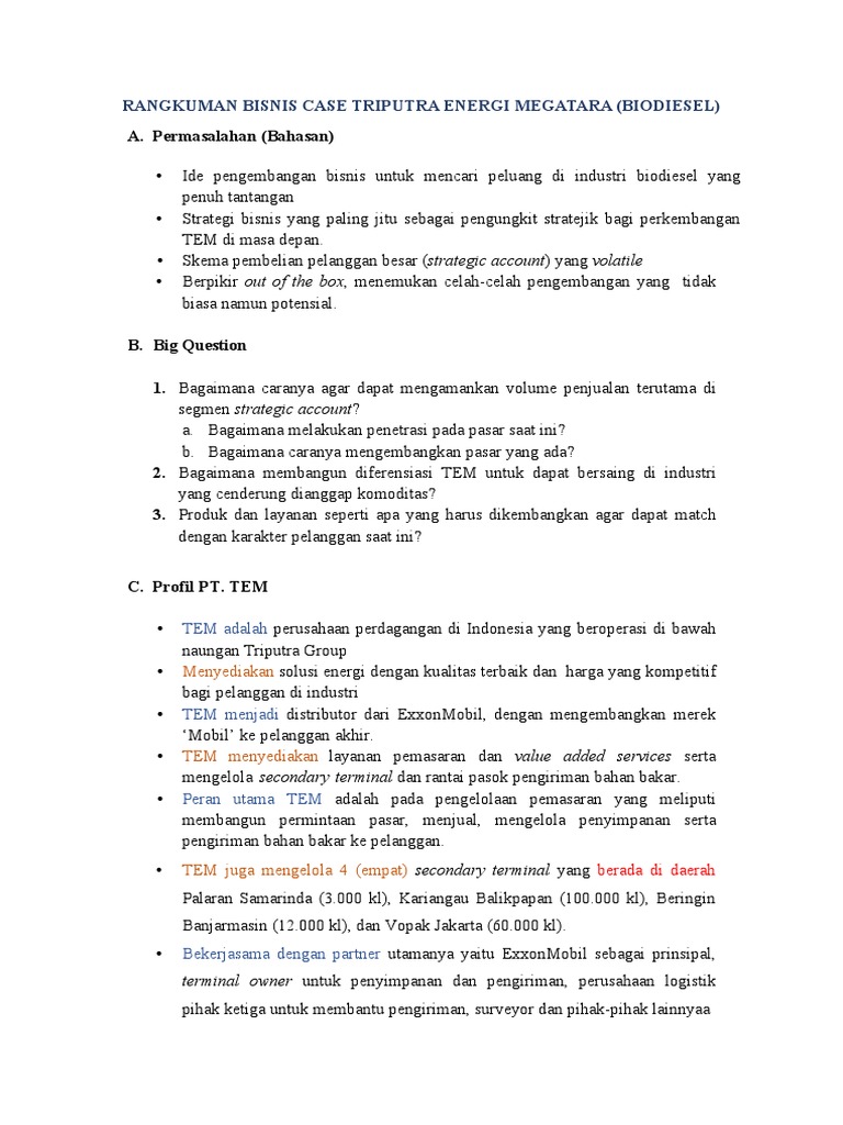 Rangkuman Bisnis Case Triputra Energi Megatara | PDF