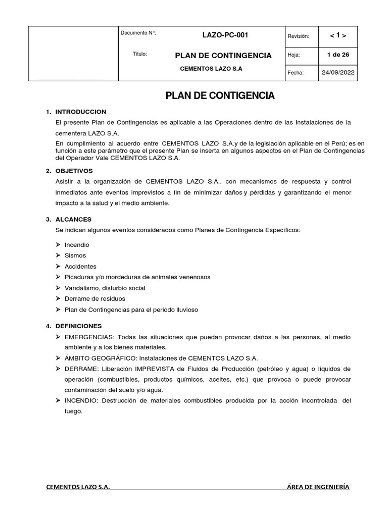 Plan de Contigencias - Cementos Lazo S.A. | PDF | Temblores | Naturaleza