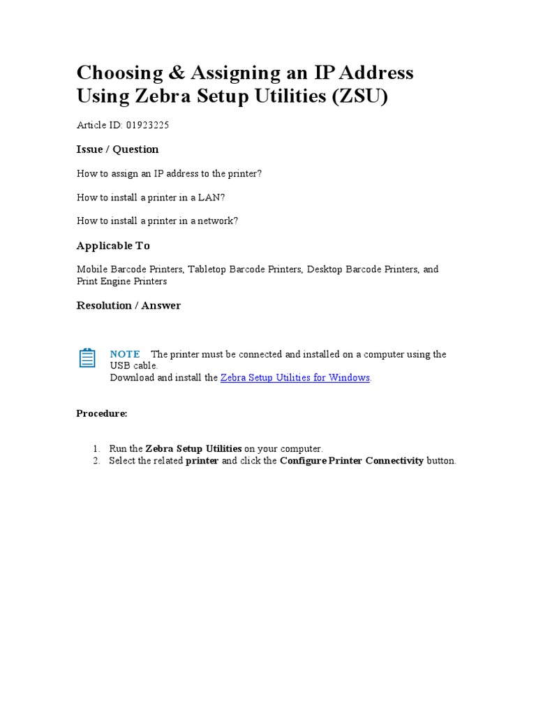 Zebra Printer IP Address Setup Guide | PDF | Computers
