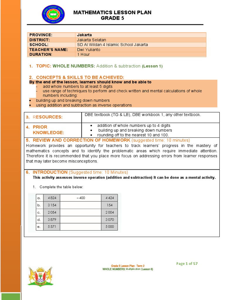 Maths Grade 5 Lesson Plans Term 2 | PDF | Lesson Plan | Subtraction