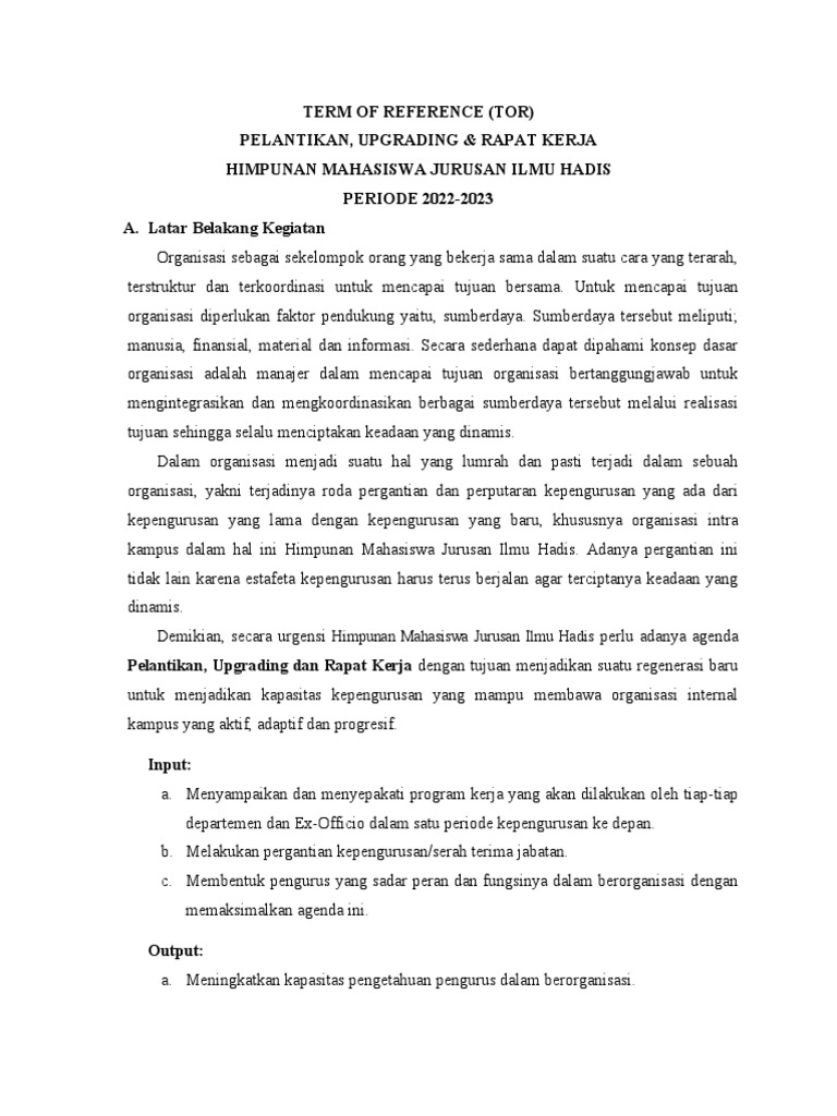 Term of Reference (Tor) Pelantikan, Upgrading, Raker 2022 | PDF