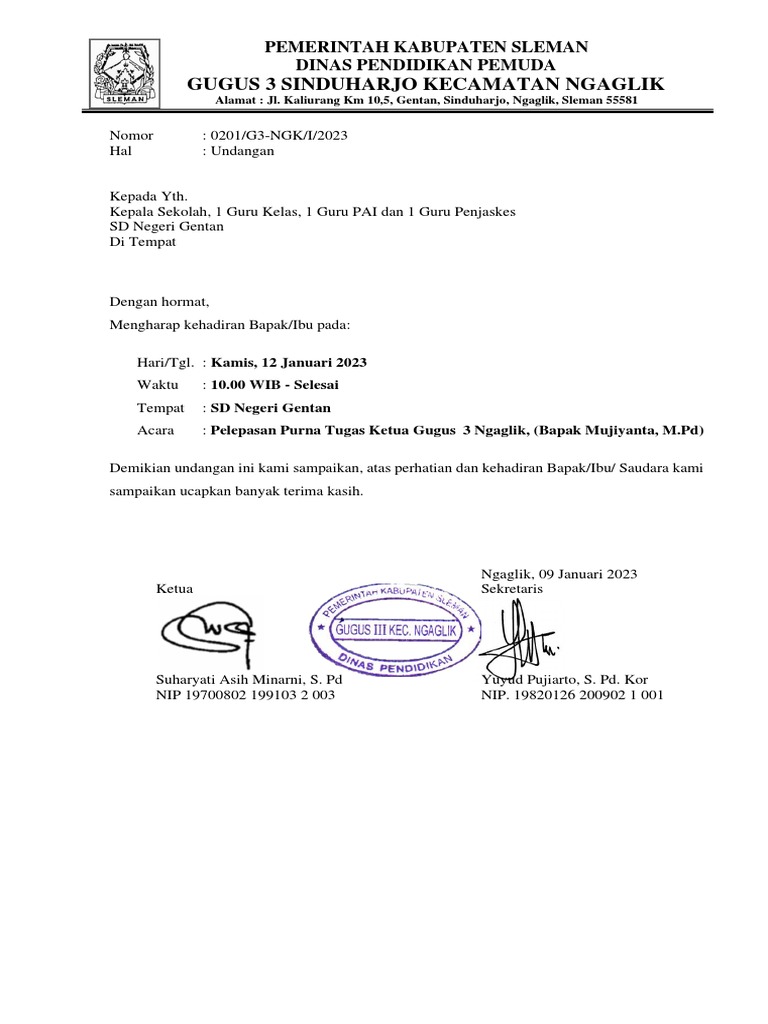 SD Negeri Gentan UNDANGAN GUGUS SINDU Pelepasan Dan Purnatugas Pak Muji | PDF