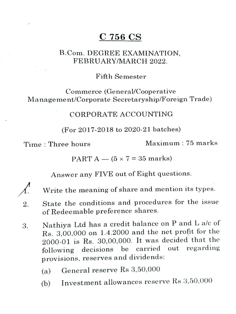 Corporate Accounting Exam Questions Paper | PDF | Dividend | Debits And ...