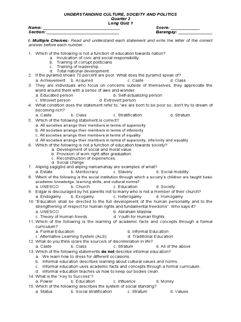 Long Quiz Ucsp q2 | PDF | Social Stratification | Society
