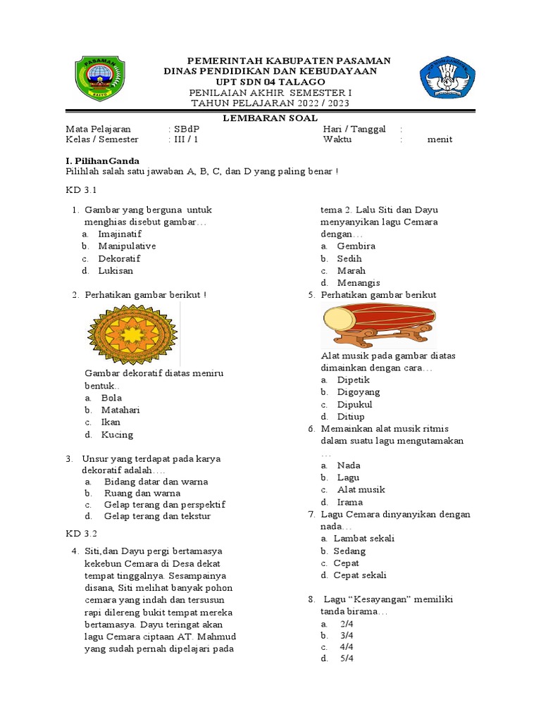 Soal Pas SBDP Sem 1 2022-2023 | PDF