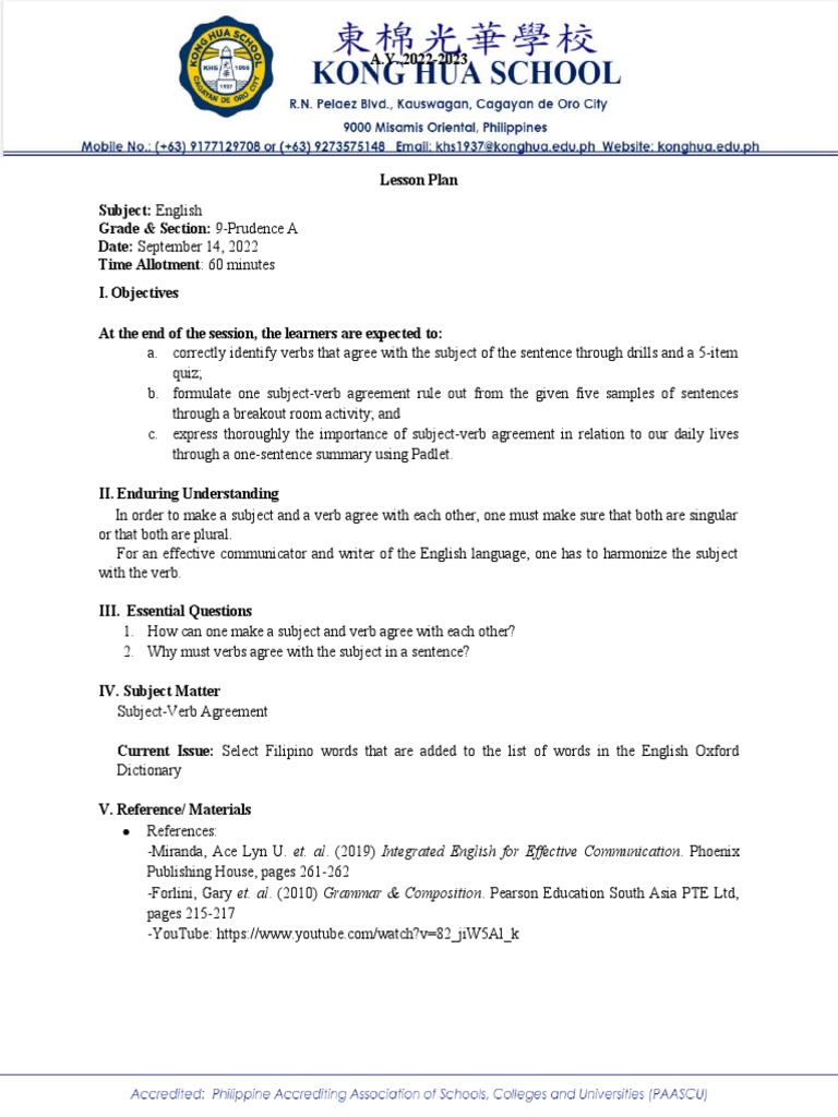 Subject-Verb Agreement Lesson Plan | PDF | English Language | Subject ...