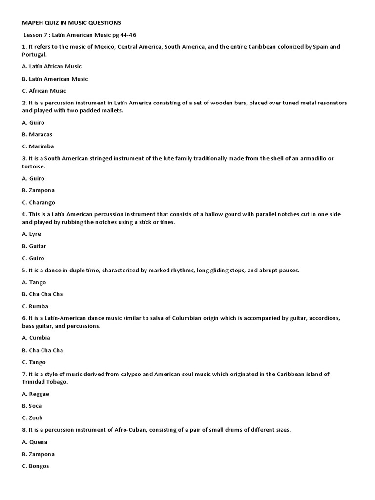 Mapeh Quiz in Music Questions | PDF | Dances | Performing Arts