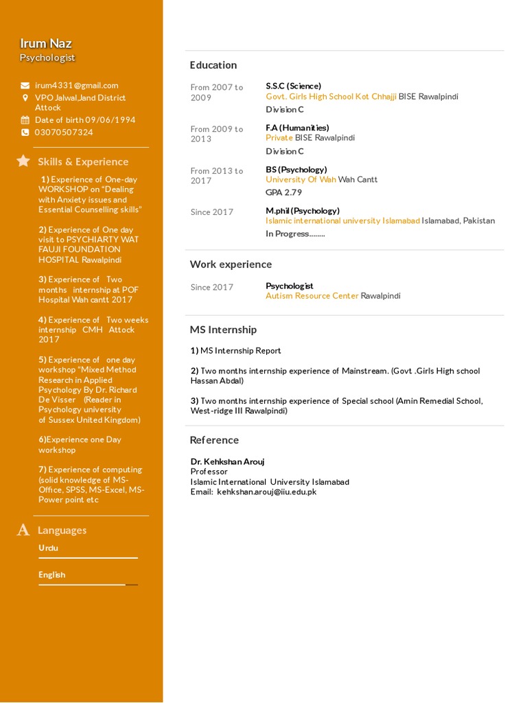 Resume Irum RRR | PDF | Cognitive Science | Psychology