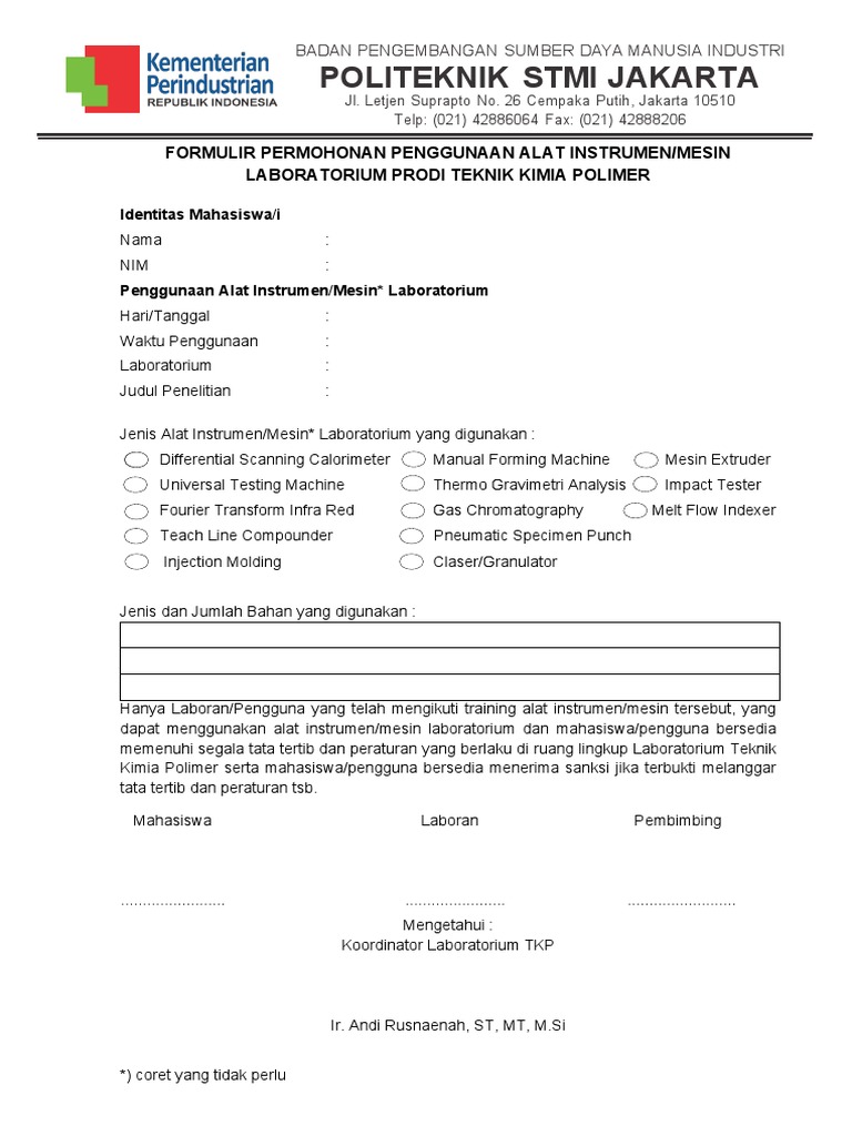 Formulir Penggunaan Alat Lab Teknik Kimia | PDF