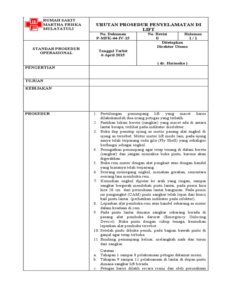 PROSEDUR PENGELUARAN PENUMPANG LIFT YANG MACET | PDF
