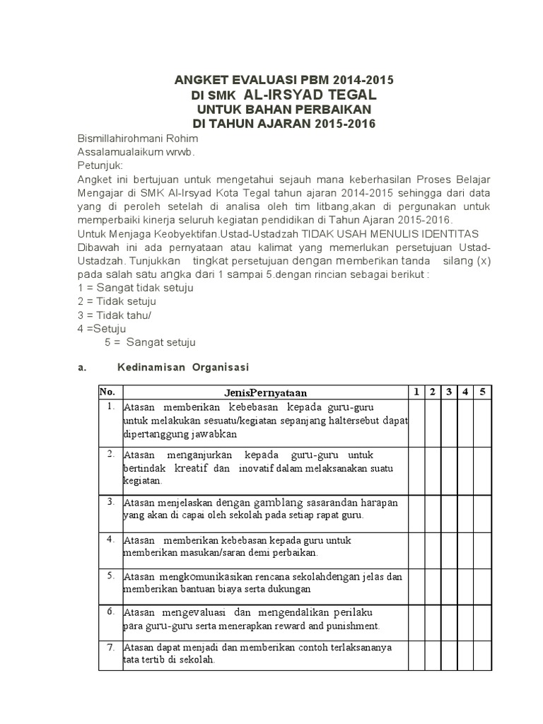 Angket Evaluasi PBM 2014 | PDF | Karier & Perkembangan