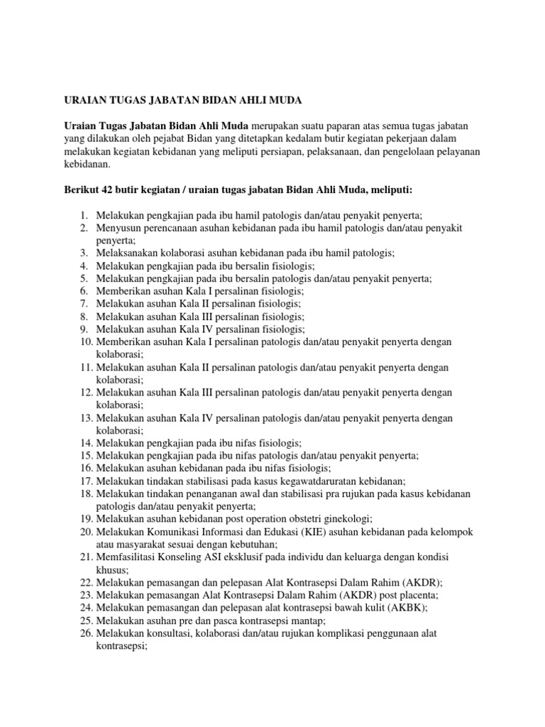 Uraian Tugas Jabatan Bidan Ahli Muda | PDF