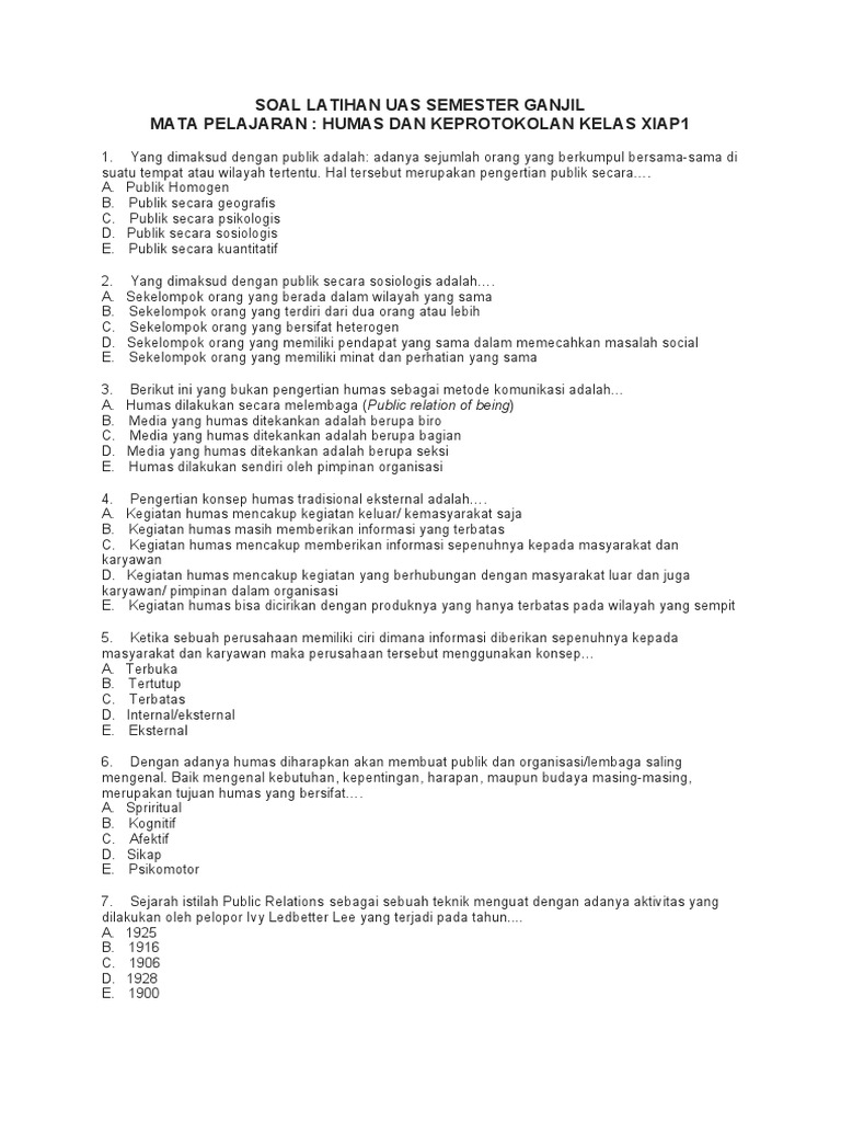 Soal Latihan Uas Semester Ganjil Humas | PDF | Karier & Perkembangan | Ilmu Sosial