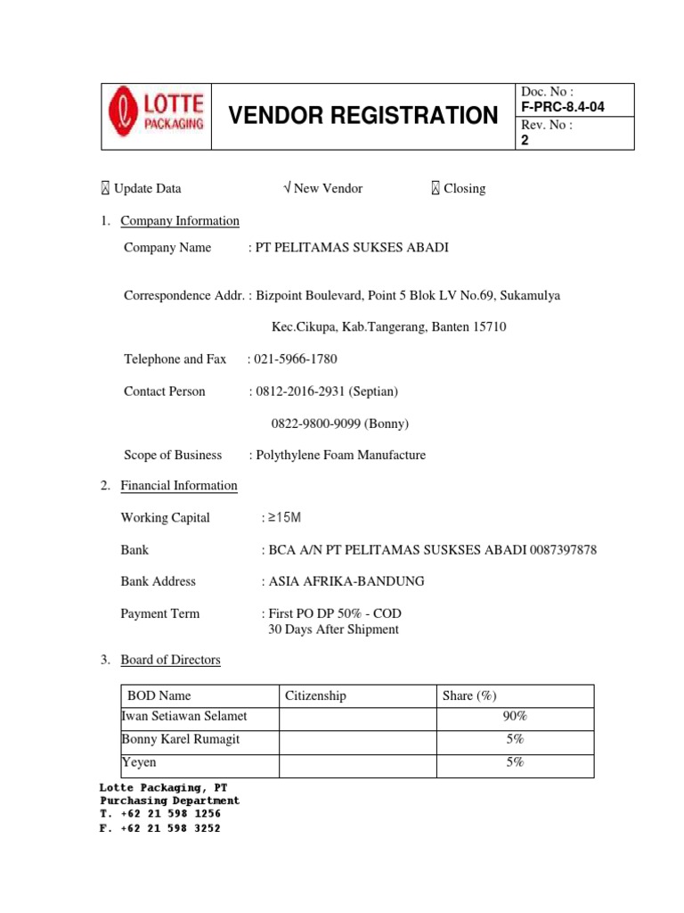 Vendor Registration for PT Lotte Packaging | PDF