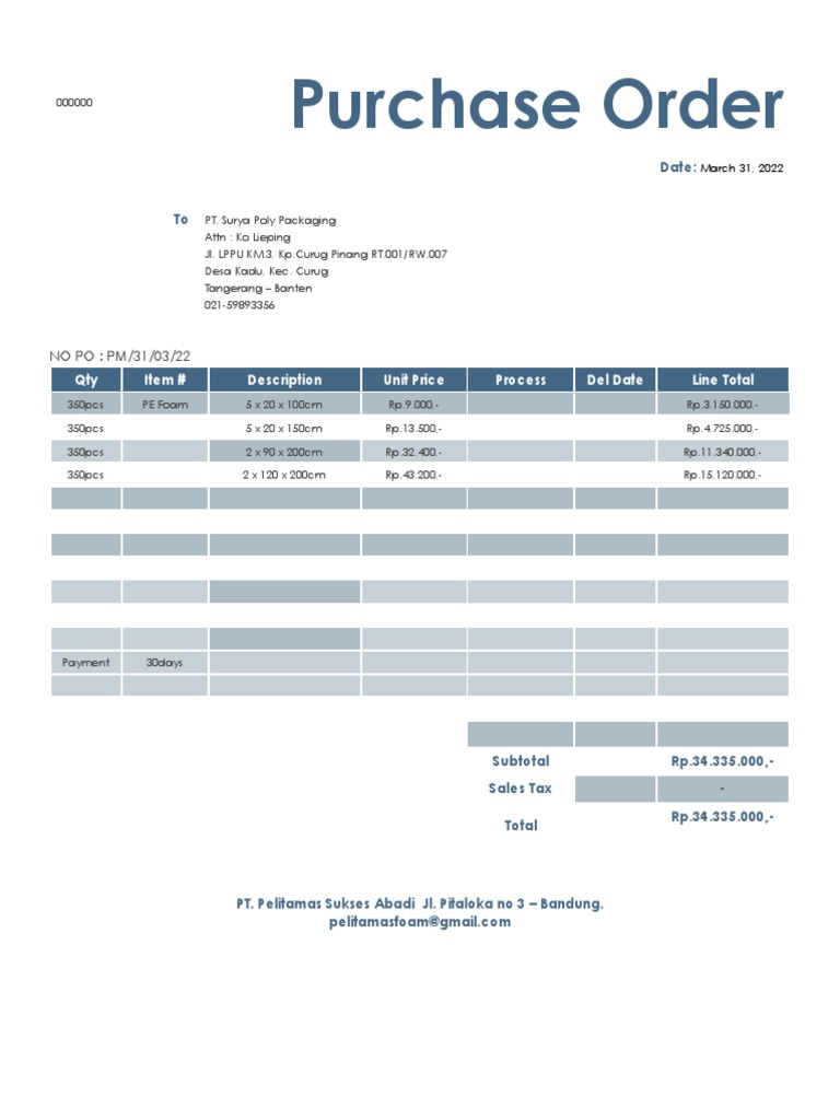 Purchase Order PT SPP 31 MRT 22 PDN | PDF