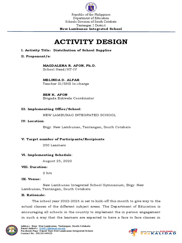 Activity Design Distribution of School Supplies To The Learners | PDF ...