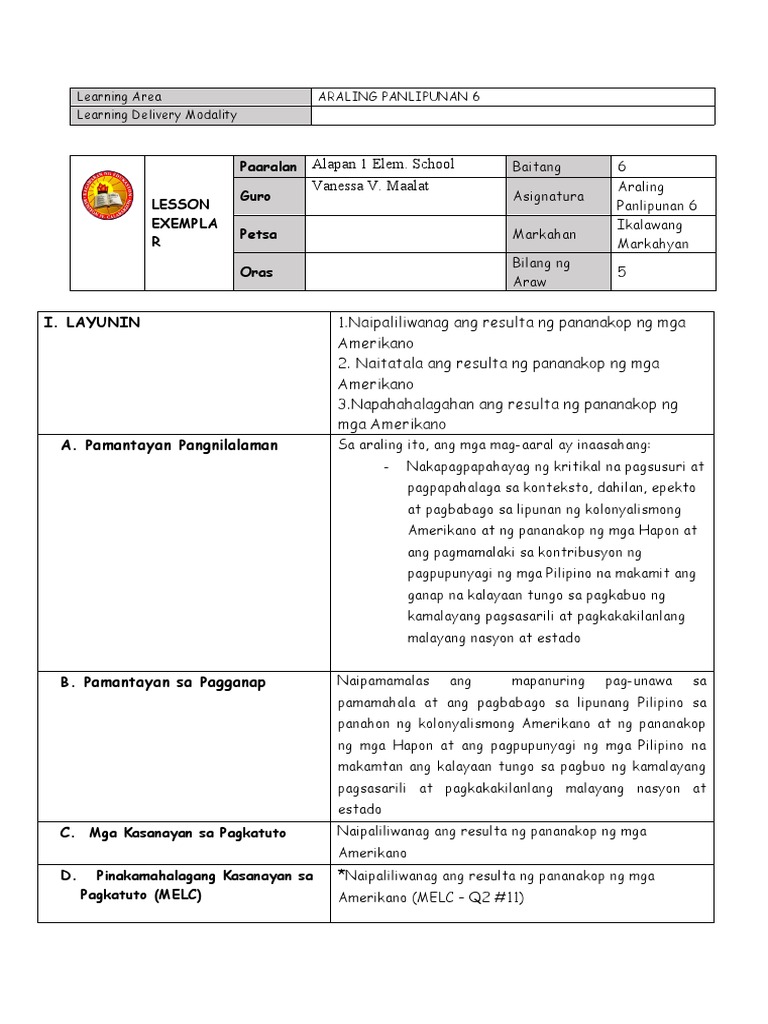 Alapan 1 Elem. School Vanessa V. Maalat: I. Layunin | PDF