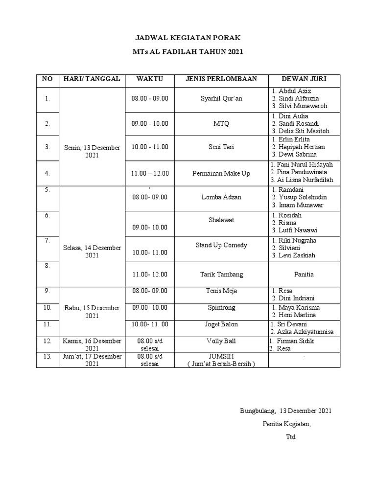 Jadwal Kegiatan Porak | PDF