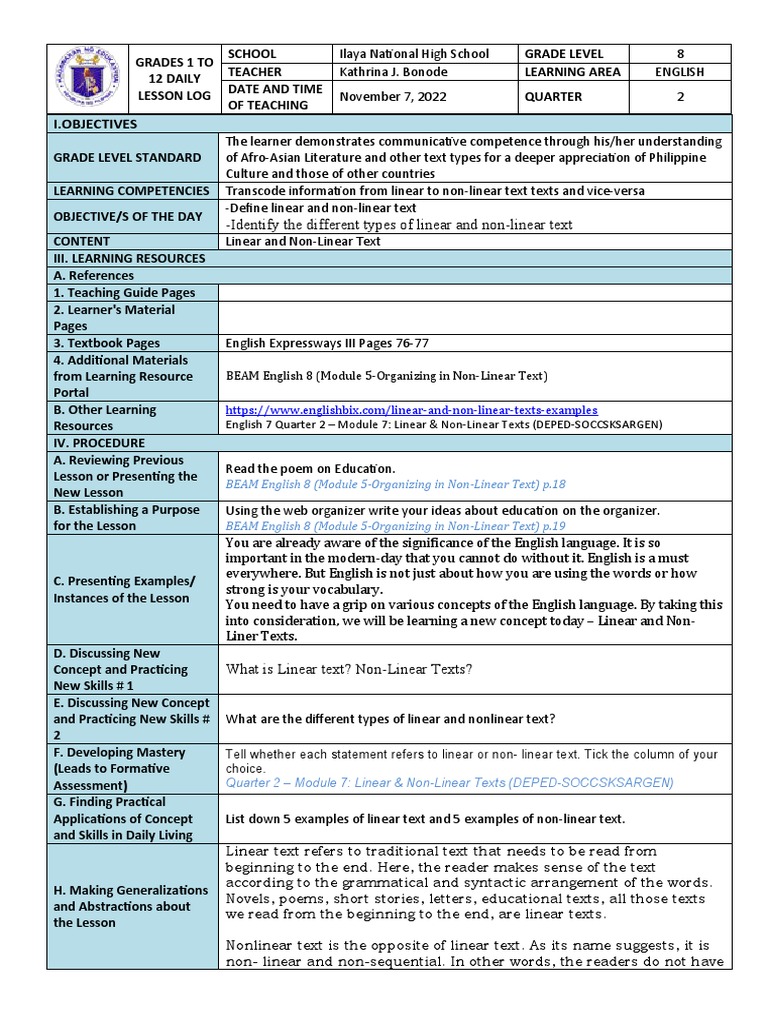 English 8 Quarter 2 Week 1 | PDF | Learning | Nonlinear System