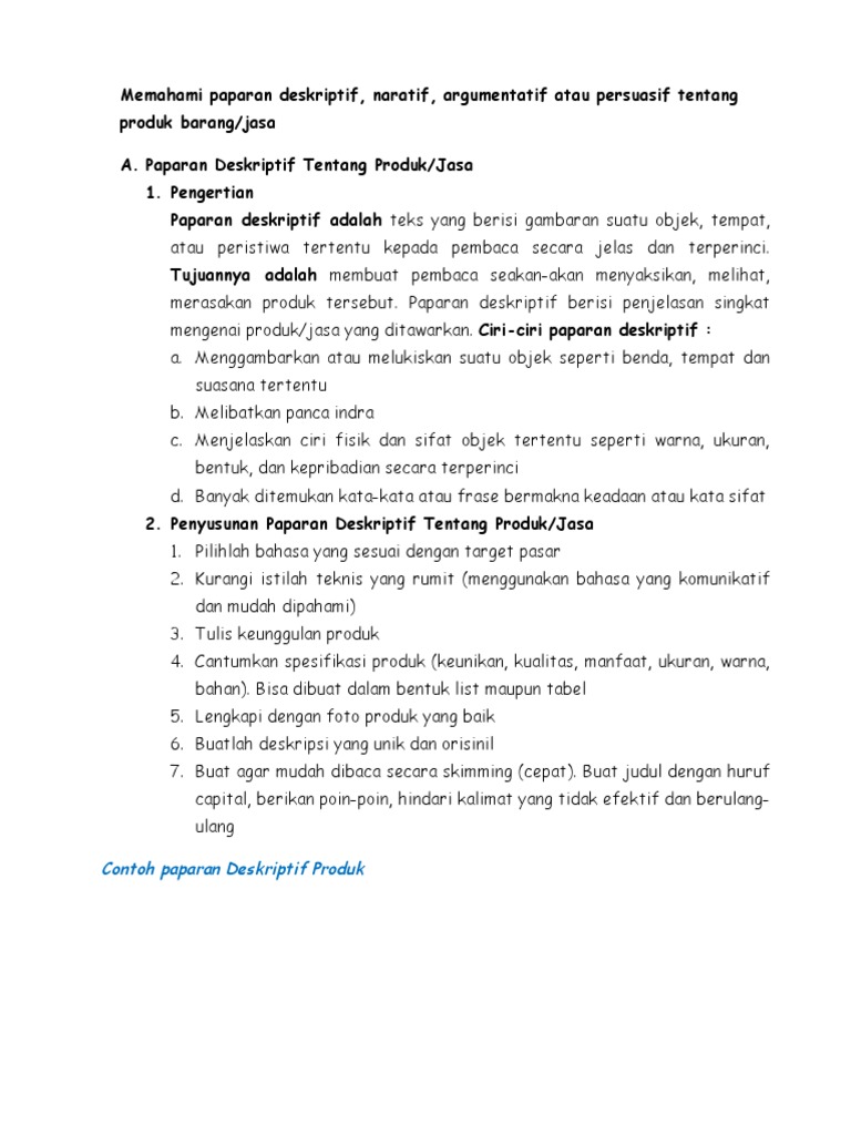 KD 3.16 Memahami Paparan Deskriptif, Naratif, Argumentatif, Atau Persuasif Tentang Produk Jasa | PDF