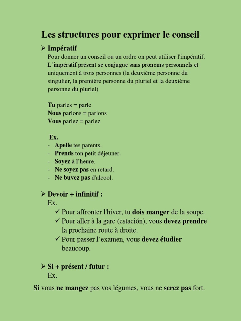 Structures pour donner des conseils en FLE | PDF | Verbe | Nombre ...