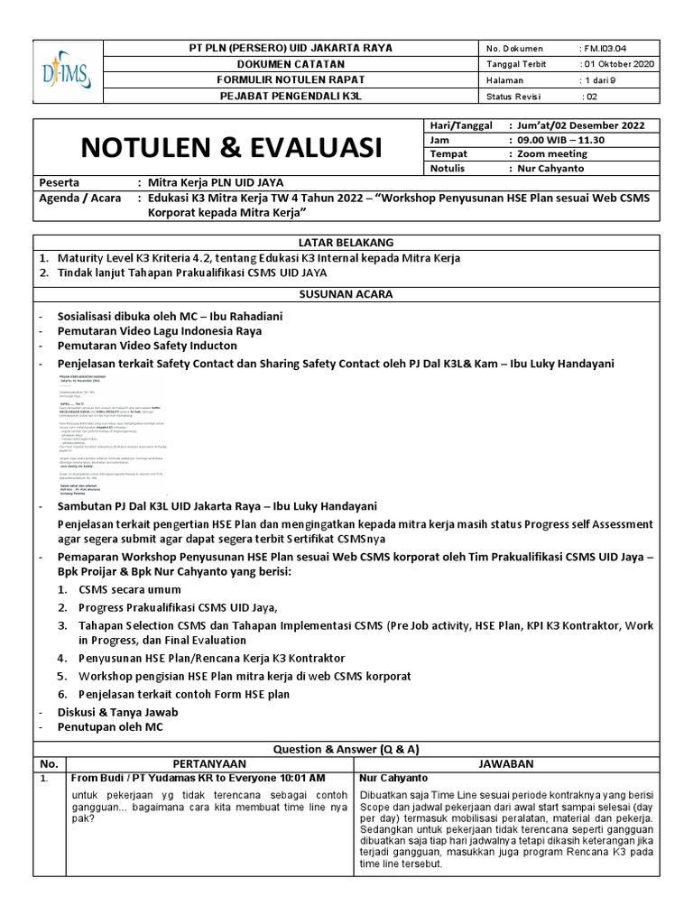 Notulen Edukasi K3 Mitra Kerja TW 4 Tahun 2022 | PDF